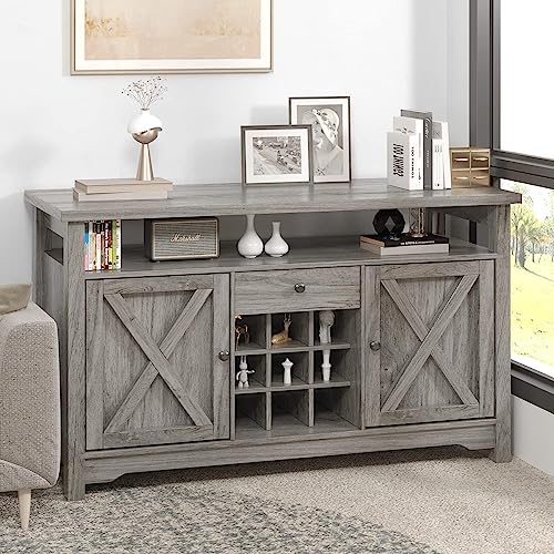 Farmhouse Coffee Bar Cabinet, 47" Kitchen Buffet Storage Cabinet with 9 Wine Racks, Sideboard Buffet Cabinet with 2 Barn Doors and Drawer, Wine Bar Cabinet for Dining Room, Living Room, Rustic Gray