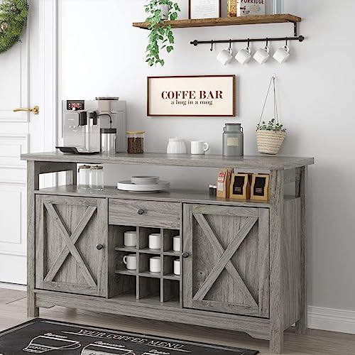 Farmhouse Coffee Bar Cabinet, 47" Kitchen Buffet Storage Cabinet with 9 Wine Racks, Sideboard Buffet Cabinet with 2 Barn Doors and Drawer, Wine Bar Cabinet for Dining Room, Living Room, Rustic Gray