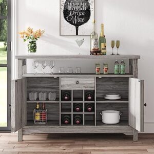 Farmhouse Coffee Bar Cabinet, 47" Kitchen Buffet Storage Cabinet with 9 Wine Racks, Sideboard Buffet Cabinet with 2 Barn Doors and Drawer, Wine Bar Cabinet for Dining Room, Living Room, Rustic Gray