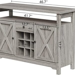 Farmhouse Coffee Bar Cabinet, 47" Kitchen Buffet Storage Cabinet with 9 Wine Racks, Sideboard Buffet Cabinet with 2 Barn Doors and Drawer, Wine Bar Cabinet for Dining Room, Living Room, Rustic Gray