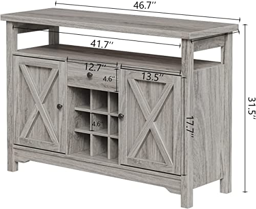 Farmhouse Coffee Bar Cabinet, 47" Kitchen Buffet Storage Cabinet with 9 Wine Racks, Sideboard Buffet Cabinet with 2 Barn Doors and Drawer, Wine Bar Cabinet for Dining Room, Living Room, Rustic Gray