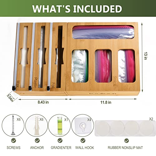 7-in-1 Ziplock Bag Organizer with Wrap Dispenser Cutter - Storage for Gallon, Quart, Sandwich, Snack Bags, Wax Paper, Foil, and Plastic Wrap - Kitchen Drawer or Wall Mounted Storage Solution