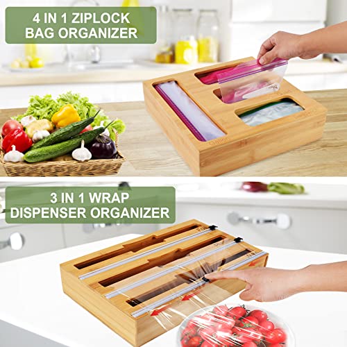 7-in-1 Ziplock Bag Organizer with Wrap Dispenser Cutter - Storage for Gallon, Quart, Sandwich, Snack Bags, Wax Paper, Foil, and Plastic Wrap - Kitchen Drawer or Wall Mounted Storage Solution