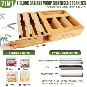 7-in-1 Ziplock Bag Organizer with Wrap Dispenser Cutter - Storage for Gallon, Quart, Sandwich, Snack Bags, Wax Paper, Foil, and Plastic Wrap - Kitchen Drawer or Wall Mounted Storage Solution