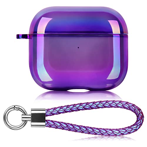 Worryfree Gadgets Case Compatible with Apple AirPods 3 Case Gen 3 Hard Stylish Protective TPU Cover Skin for AirPods 3 Cover Wireless Charging Front LED Visible with Carabiner Anti-Lost Strap, Purple