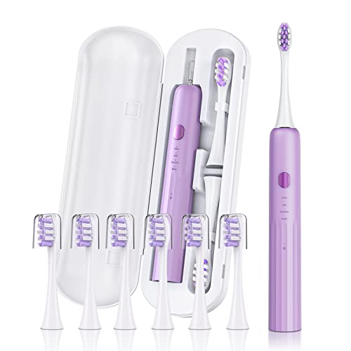 SARMOCARE Sonic Electric Toothbrush with 6 Replacement Heads and Premium Travel Case, 4 Modes, Rechargeable Power Toothbrush, Purple M300