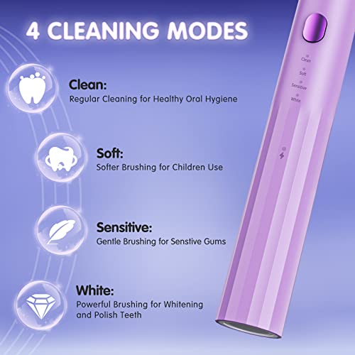 SARMOCARE Sonic Electric Toothbrush with 6 Replacement Heads and Premium Travel Case, 4 Modes, Rechargeable Power Toothbrush, Purple M300