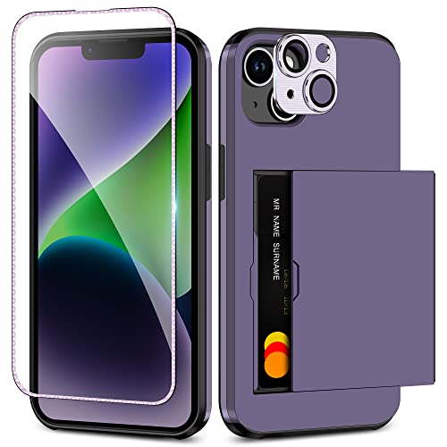 SAMONPOW for iPhone 14 Case with Screen Protector & Camera Cover 4-in-1 Full Body Hybrid iPhone 14 Case Wallet Card Slot Holder Shockproof Bumper Armor Protective Case for iPhone 14 for Women Men