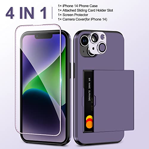 SAMONPOW for iPhone 14 Case with Screen Protector & Camera Cover 4-in-1 Full Body Hybrid iPhone 14 Case Wallet Card Slot Holder Shockproof Bumper Armor Protective Case for iPhone 14 for Women Men