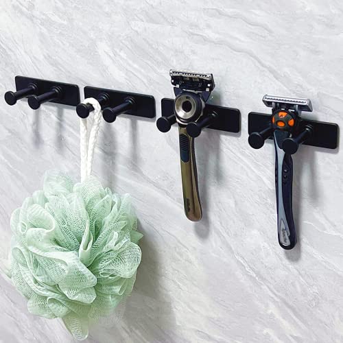 pickpiff 4-Pack Shower Hooks for Inside, Extra Sticky Stainless, Razor Holder Wall Mounted, Shower Accessories, Self-Adhesive Double Hooks for Razor, Loofah, Towel, Shaver, Coat, Key, Matt Black