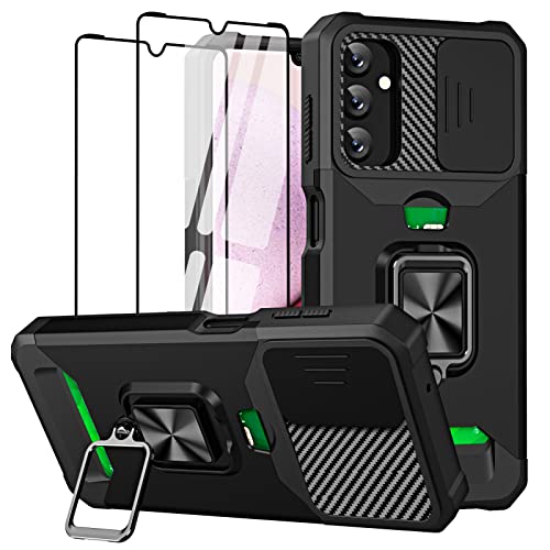 Jusy for Samsung Galaxy A14 5G Case & 2 Screen Protectors, with Sliding Camera Cover, Card Holder Slot and Magnetic Kickstand Ring, Heavy Duty Military Grade Protection Cover, 2023 Black