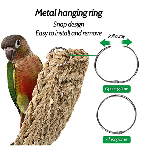 Miayaya 29.13 x 7.48 inch Bird Seagrass Mat Natural Grass Woven Net Hammock Hanging on Parrot Cage with 4 Hooks Parakeet Climbing Rope Ladder Chew Toys for Lovebird Parrot Cockatiel Cockatoo Supplies