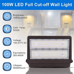 100W LED Full Cut Off Wall Pack Light with Dusk to Dawn Photocell,14000LM Outdoor Wall Light (450W Equiv.) 5000K Commercial Wall Pack Light, IP65 Waterproof UL & DLC Listed