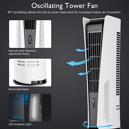 SISMEL Bladeless Tower Fan, 10000mAh Battery Operated Portable Fan with 3 Speeds, Timer, Night Light, LED Display, 16" Small Quiet Oscillating Desk Fan for Bedroom, Office, Camping (White)