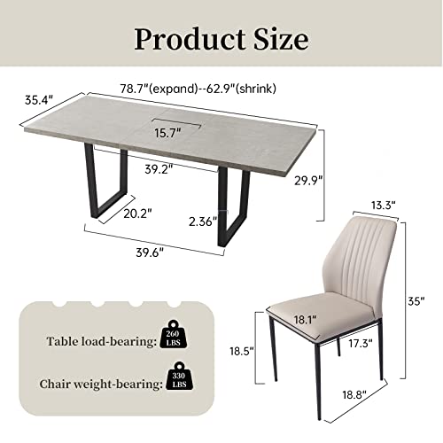 ZckyCine Modern Mid-Century Dining Table Set for 6-8 People Kitchen Room Table Extendable Solid Wood Table and 6 Upholstered Chairs, Home Furniture (Table + 6 Beige Chairs) Grey (FAT2003)