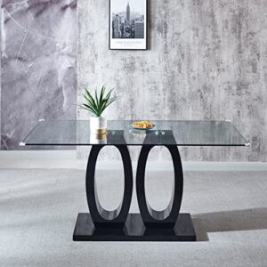 Modern Dining Table for 6, 63" Dining Room Table with Glass Top Dining Table with Black Wood Support,Glass Kitchen Table/Dinner Table for 4-6 People