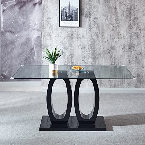 Modern Dining Table for 6, 63" Dining Room Table with Glass Top Dining Table with Black Wood Support,Glass Kitchen Table/Dinner Table for 4-6 People