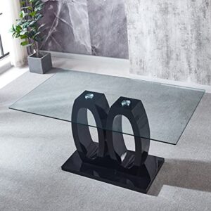 Modern Dining Table for 6, 63" Dining Room Table with Glass Top Dining Table with Black Wood Support,Glass Kitchen Table/Dinner Table for 4-6 People