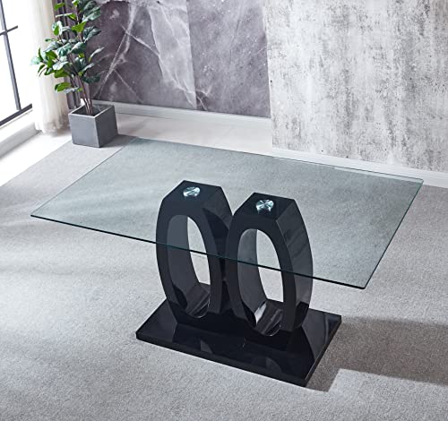 Modern Dining Table for 6, 63" Dining Room Table with Glass Top Dining Table with Black Wood Support,Glass Kitchen Table/Dinner Table for 4-6 People