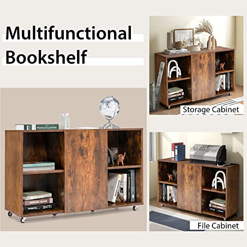 Tangkula Wood File Cabinet with Wheels, Mobile Storage Cabinet with 6 Compartments, Open Storage Shelf, Large Lateral Filing Cabinet, Storage Unit Bookcase for Home, Office (Rustic Brown)