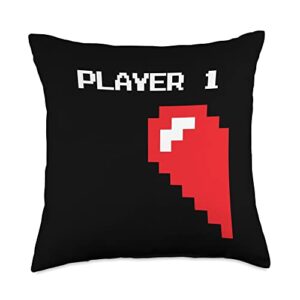 player 1 player 2 couple gamer valentine's gifts matching gamer couple valentine's gift 1 player 2 throw pillow, 18x18, multicolor