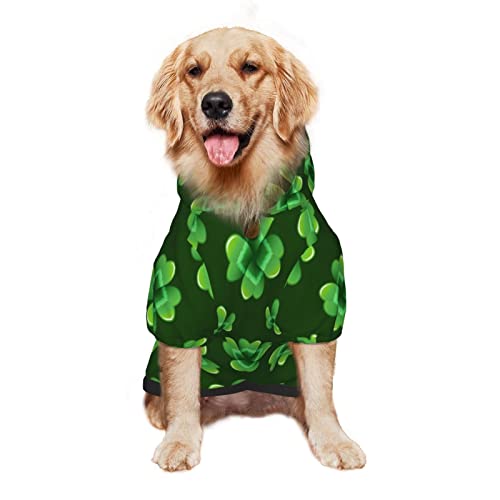 Large Dog Hoodie Green-Clover-St.Patrick's-Day Pet Clothes Sweater with Hat Soft Cat Outfit Coat Medium