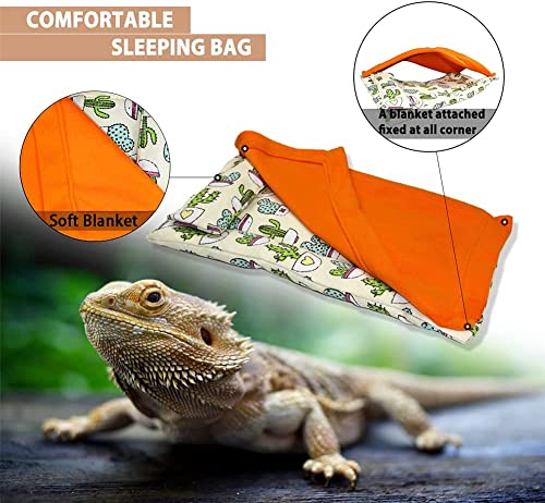 Dragon Bed with Pillow and Blanket Reptile Accessories Small Pet Animal Hide Habitat Shelter Solf Fabric Warm Sleeping Bag with Cover for Bearded Dragon Leopard Gecko Lizard (Orange)