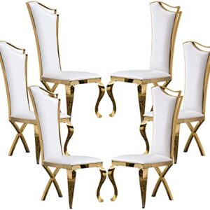 Goderfuu Dining Chairs Set of 6 - Kitchen Dining Room Chairs White Leather Dining Chairs with High Gloss Stainless Steel Gold Legs, Modern Dining Chairs Kitchen Chairs White Accent Chairs Side Chairs