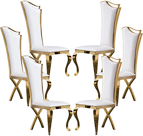 Goderfuu Dining Chairs Set of 6 - Kitchen Dining Room Chairs White Leather Dining Chairs with High Gloss Stainless Steel Gold Legs, Modern Dining Chairs Kitchen Chairs White Accent Chairs Side Chairs