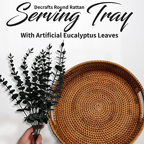 Rattan Tray, Wicker Tray, Rattan Decor, Round Tray, Serving Tray, Decorative Tray, Ottoman Tray, Coffee Table Tray, Includes Eucalyptus Leaves with Stems of 18",Wooden Tray (11.8" x 2.4 ")