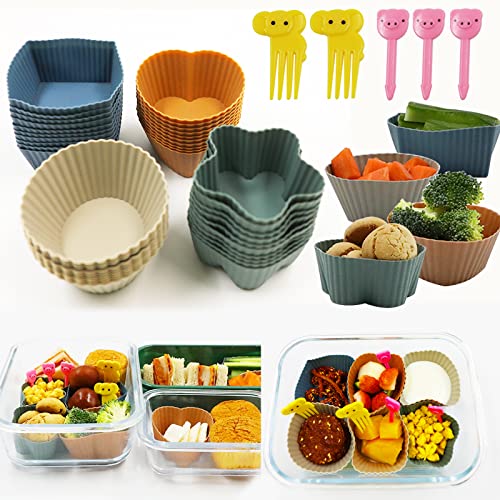 Gpurplebud Silicone Lunch Box Dividers - 45 PCS Bento Box Accessories Set 40 Silicone Bento Box Inserts with 5 Food Fruit Picks Cupcake Liners Reusable Lunch Accessories (4 Colors)