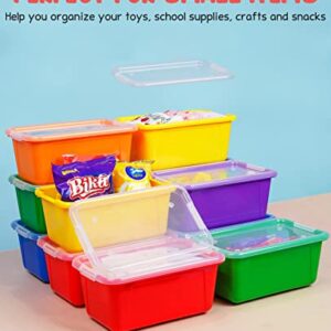 GAMENOTE Multicolor Storage Bins with Lids - 5 Qt 12 Pack Small Cubby Bins Stackable Plastic Containers for Classroom Book Bin Toy Organizers (12× 7.2 × 5.1 inches)