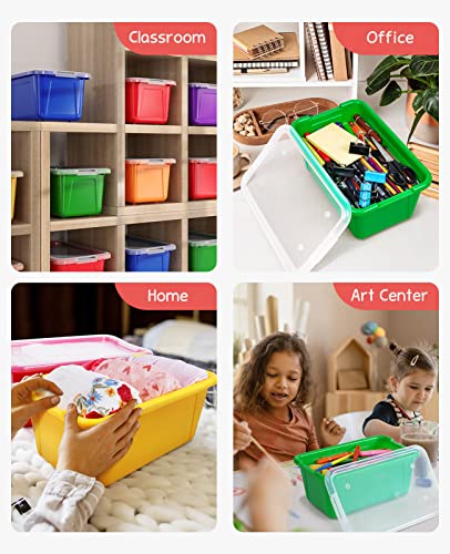 GAMENOTE Multicolor Storage Bins with Lids - 5 Qt 12 Pack Small Cubby Bins Stackable Plastic Containers for Classroom Book Bin Toy Organizers (12× 7.2 × 5.1 inches)