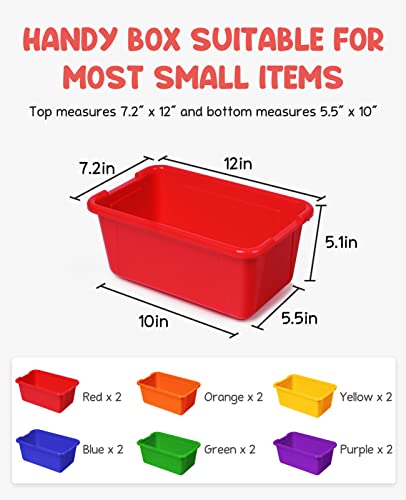 GAMENOTE Multicolor Storage Bins with Lids - 5 Qt 12 Pack Small Cubby Bins Stackable Plastic Containers for Classroom Book Bin Toy Organizers (12× 7.2 × 5.1 inches)