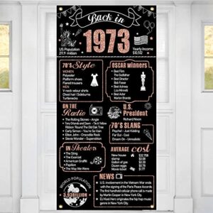 50th birthday decorations back in 1973 door banner for women, rose gold happy 50 birthday door cover party supplies, 50 year old birthday backdrop decor for outdoor indoor