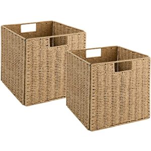 vagusicc wicker storage baskets, set of 2 hand-woven paper rope storage baskets, foldable cube storage bins organizer 11 inch square wicker storage baskets for shelves pantry organizing decor, natural