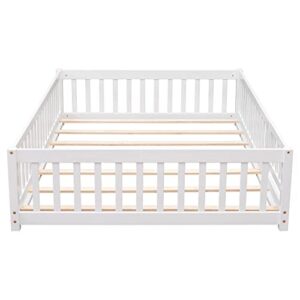 Harper & Bright Designs Full Floor Bed for Kids, Montessori Frame with Fence and Door, Wooden Full Platform Boys Girls, Slats Included, No Box Spring Needed (Full Size, White) White With Slats