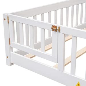 Harper & Bright Designs Full Floor Bed for Kids, Montessori Frame with Fence and Door, Wooden Full Platform Boys Girls, Slats Included, No Box Spring Needed (Full Size, White) White With Slats