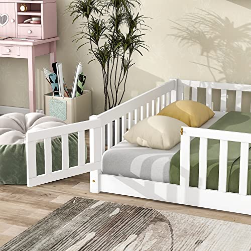 Harper & Bright Designs Full Floor Bed for Kids, Montessori Frame with Fence and Door, Wooden Full Platform Boys Girls, Slats Included, No Box Spring Needed (Full Size, White) White With Slats