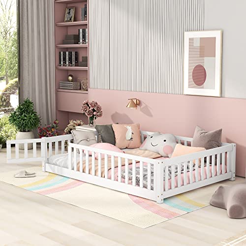 Harper & Bright Designs Full Floor Bed for Kids, Montessori Frame with Fence and Door, Wooden Full Platform Boys Girls, Slats Included, No Box Spring Needed (Full Size, White) White With Slats