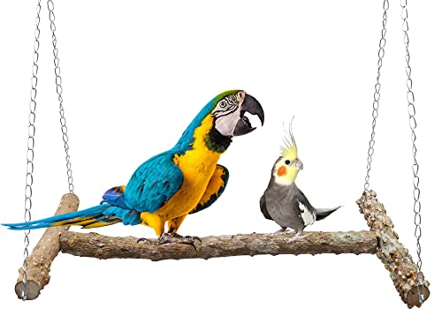 Large Bird Perch Swing Toy, Natural Pepper Wood Parrot Perch Stand Toy, Hangable Birdcage Accessories with Stainless Steel, Bird Chewing Toy for Parrot Parakeet Budgies Lovebirds(18×10 Inches(L×W))