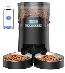 honeyguaridan automatic cat feeder for 2 cats,wi-fi smart pet feeder,timer cat food dispenser for cats & dogs, app control,dessicant, voice recorder,stainless steel bowl 1-6 meals a day (black)