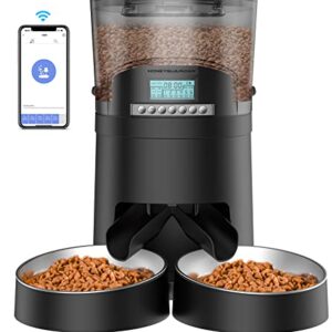 HoneyGuaridan Automatic Cat Feeder for 2 Cats,Wi-Fi Smart Pet Feeder,Timer Cat Food Dispenser for Cats & Dogs, APP Control,Dessicant, Voice Recorder,Stainless Steel Bowl 1-6 Meals a Day (Black)