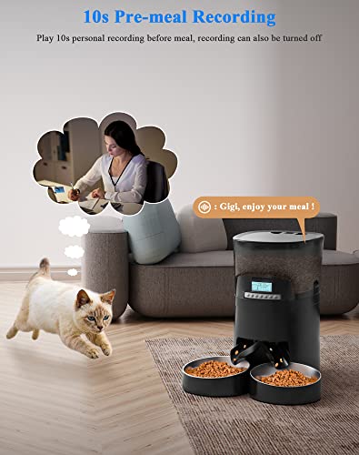 HoneyGuaridan Automatic Cat Feeder for 2 Cats,Wi-Fi Smart Pet Feeder,Timer Cat Food Dispenser for Cats & Dogs, APP Control,Dessicant, Voice Recorder,Stainless Steel Bowl 1-6 Meals a Day (Black)