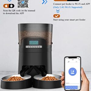 HoneyGuaridan Automatic Cat Feeder for 2 Cats,Wi-Fi Smart Pet Feeder,Timer Cat Food Dispenser for Cats & Dogs, APP Control,Dessicant, Voice Recorder,Stainless Steel Bowl 1-6 Meals a Day (Black)