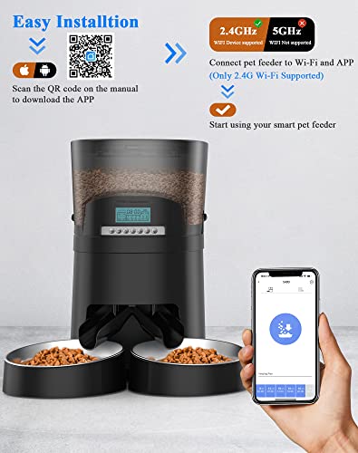 HoneyGuaridan Automatic Cat Feeder for 2 Cats,Wi-Fi Smart Pet Feeder,Timer Cat Food Dispenser for Cats & Dogs, APP Control,Dessicant, Voice Recorder,Stainless Steel Bowl 1-6 Meals a Day (Black)