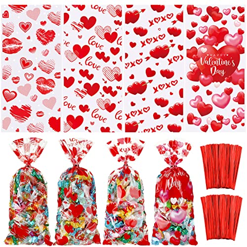 120 Pcs Valentines Day Treat Bags Valentines Favor Cello Plastic Candy Goodie Bag with 150 Red Twist Ties for Kids Valentines Day Party Favor