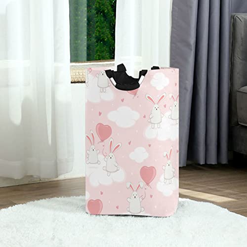 Kigai Valentine's Day Bunny Laundry Hamper Waterproof Foldable Laundry Basket Dirty Clothes Toys Storage Basket with Handle for Bathroom, Bedroom, Laundry Room, Playroom