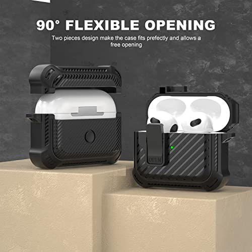 Maxjoy for Airpods 3 Case Cover 2021, Airpods 3 Protective Case with Automatic Secure Lock Gen 3 Military Hard Shockproof Cover with Keychain Compatible with Apple Airpods 3rd Generation 2021, Black