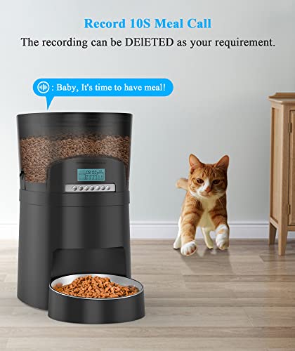 Cat Feeder, HoneyGuaridan 4.5L Automatic Pet Feeder for Dogs Food Dispenser Auto Cat Feeder – 6 Meal Portion Control, Distribution Alarm, Programmable Timer Feeder, Customizable Voice Recorder Black